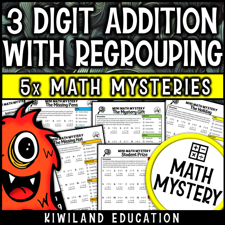 3-Digit Addition with Regrouping Math Mystery Worksheets – Kiwiland ...